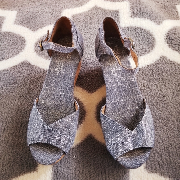 Toms | Shoes | Toms Chambray Denim Cork Platform Peep Toe Wedge | Poshmark